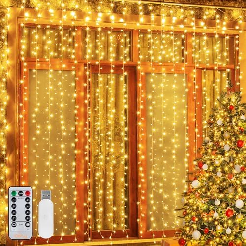Curtain Fairy Lights Plug in 300 LED 3mx 3m Christmas Lights Remote ...