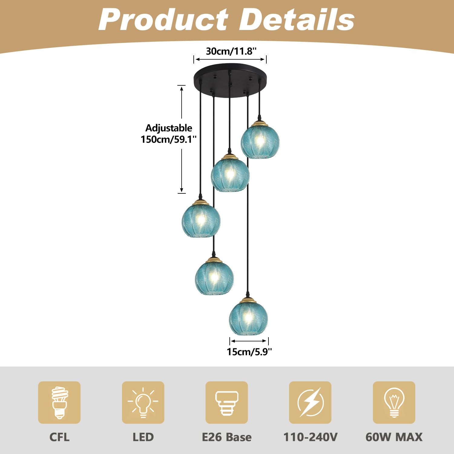 Snapklik.com : Lighting Modern Blue Glass Chandelier Globe Cluster Pendant Light Black And Gold ...