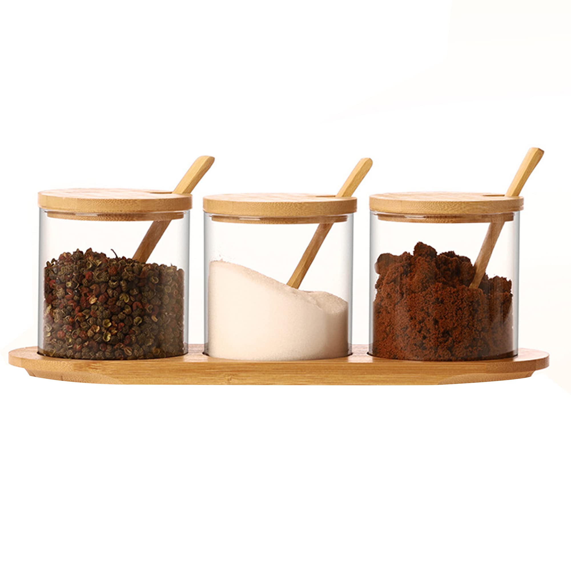 3 Pack Condiment Jars with Rack, Glass Seasoning Box with Bamboo Lid ...
