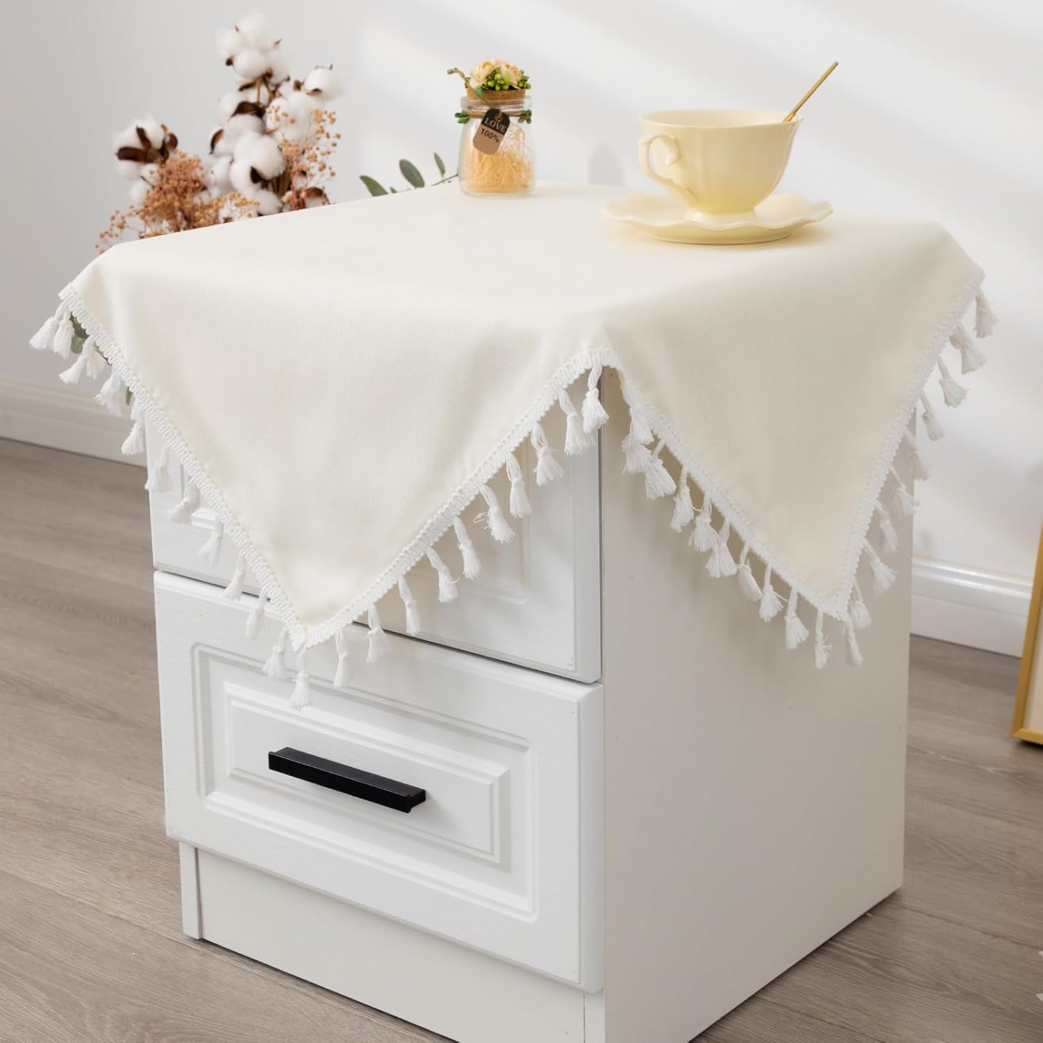 Amazon.com: YZKITM Small Square Tablecloth Solid Ivory Fabric Tassel ...