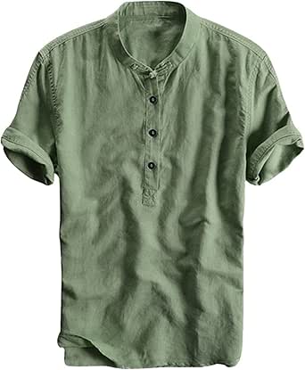 Mens Summer Button Up Cotton Linen Henley Shirts Short Sleeve Cuban Guayabera Shirts Hippie ...