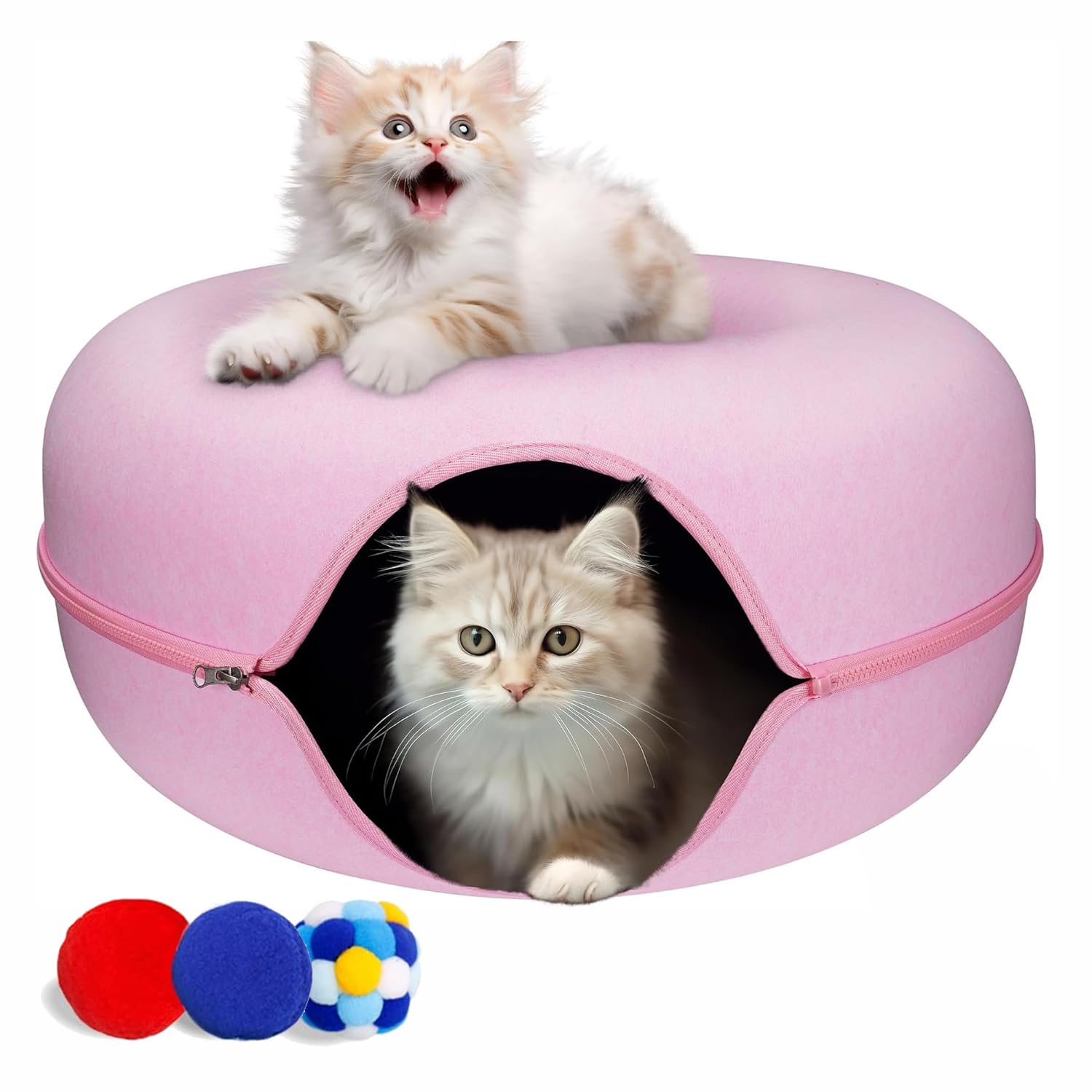 Cherie Bear Donut Design Cat Tunnel Bed for Indoor Cats with 3 Balls ...