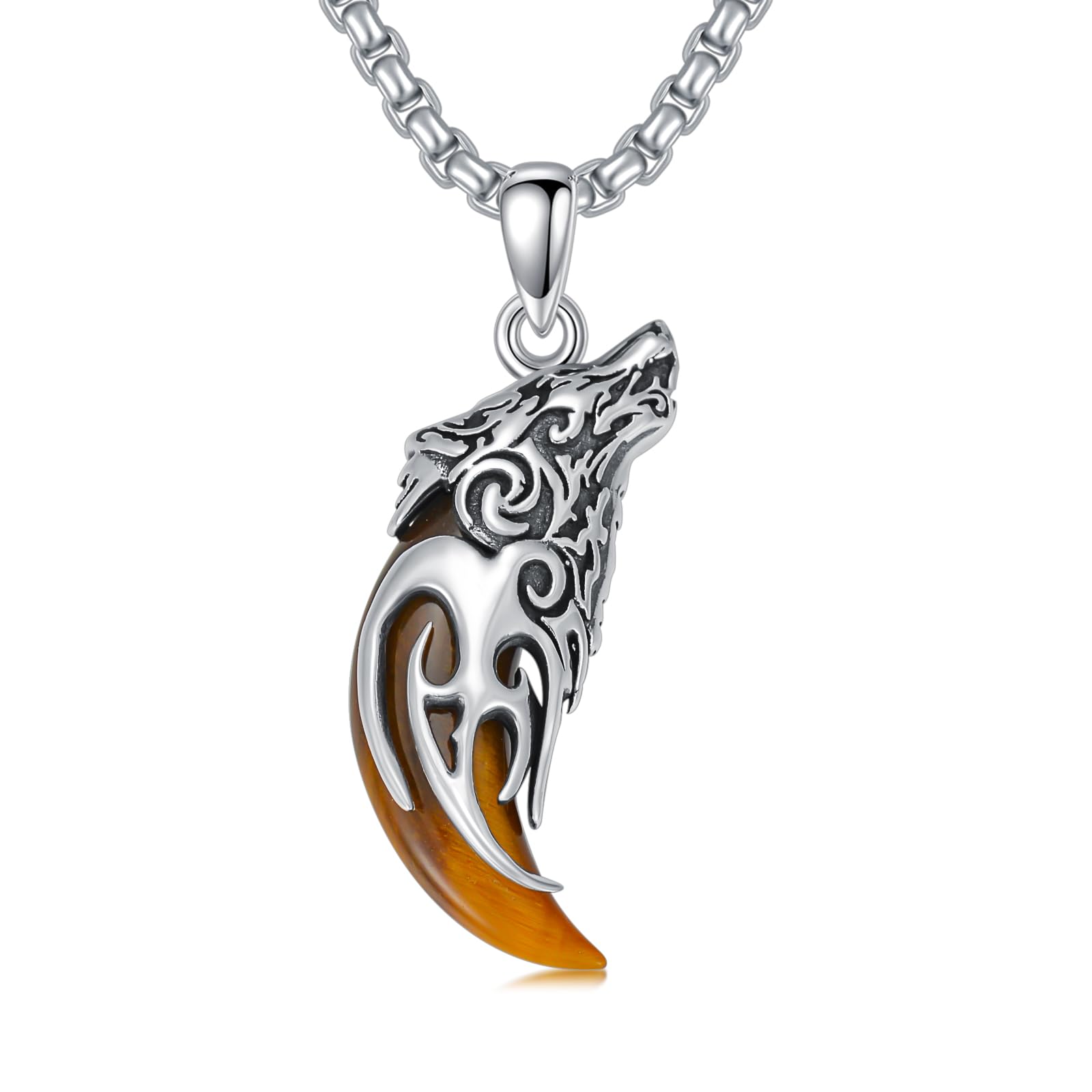 PELOVNY Wolf Tooth Necklace 925 Sterling Silver Tiger Eye Wolf Teeth ...