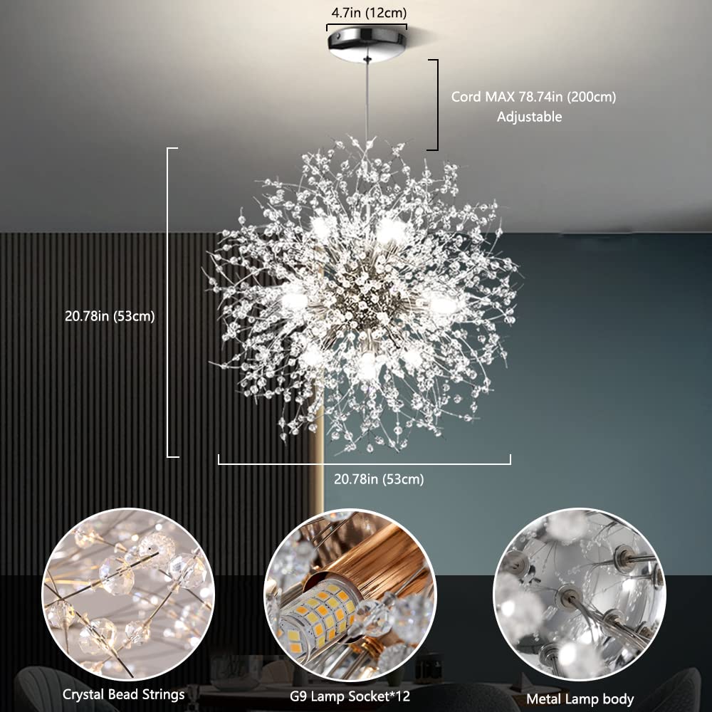 Mivenda Modern Crystal Chandeliers 12-Light Chrome Dandelion Light ...