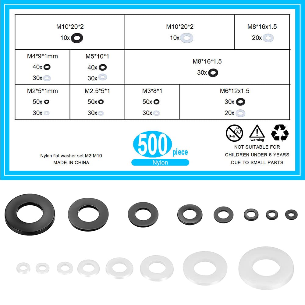 500 Pcs Nylon Washers,Plastic Round Spacer,Flat Gasket Washers Assorted ...