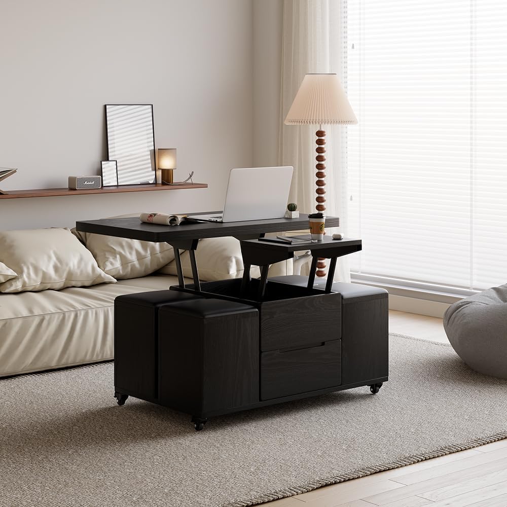 Amazon.com: homary Coffee Table with Stools, Black 3-in-1 Modern Lift ...