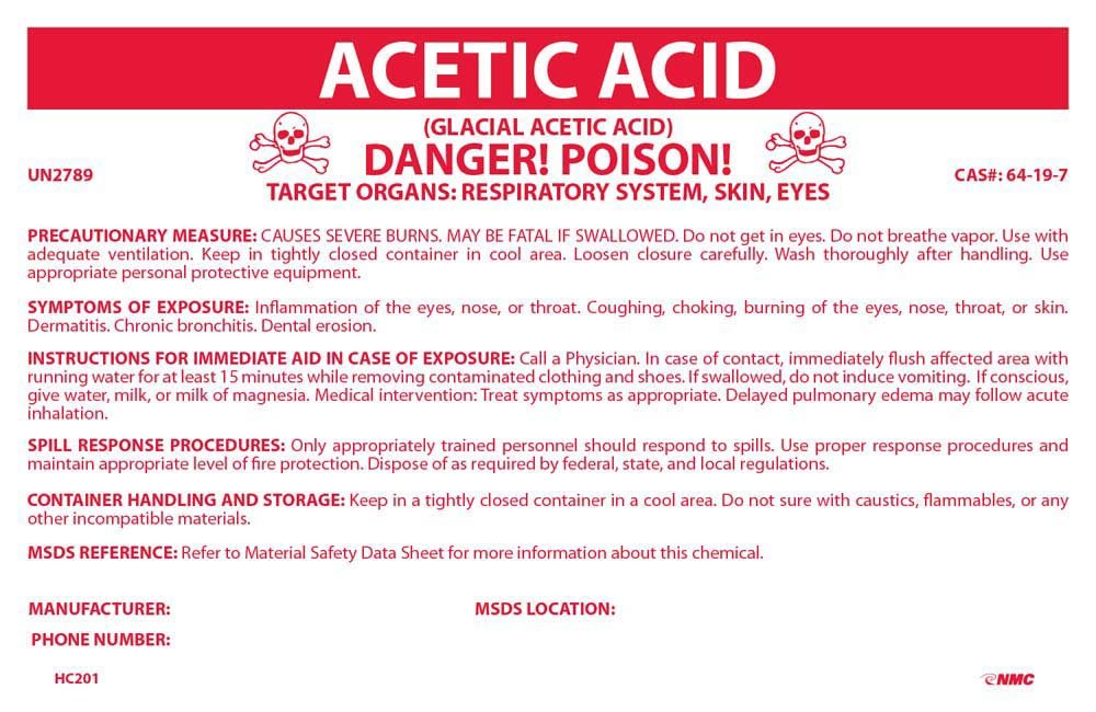 National Marker HC201P Container Labels, Acetic Acid, 6 1/2 inches X 10 ...