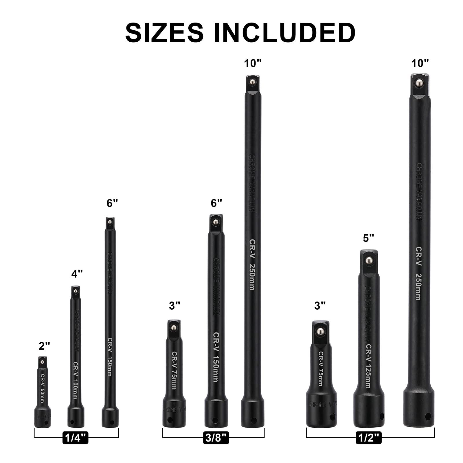 Snapklik.com : 1/4",3/8",1/2" Drive Extension Bar Set, CR-V, 9 Pieces ...