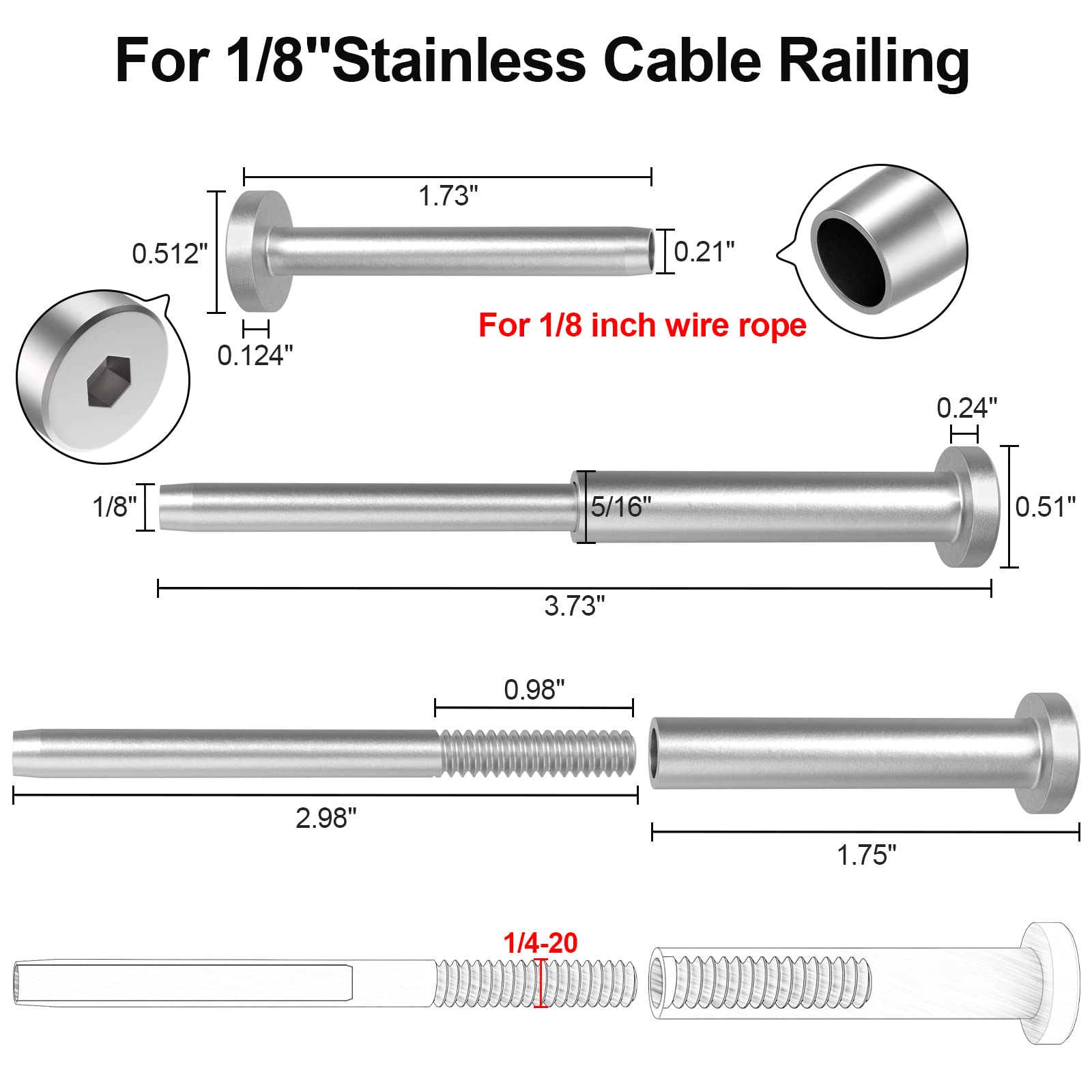Snapklik.com : BLIKA 10 Pairs 1/8" Invisible Cable Railing Kits For 2"x2"