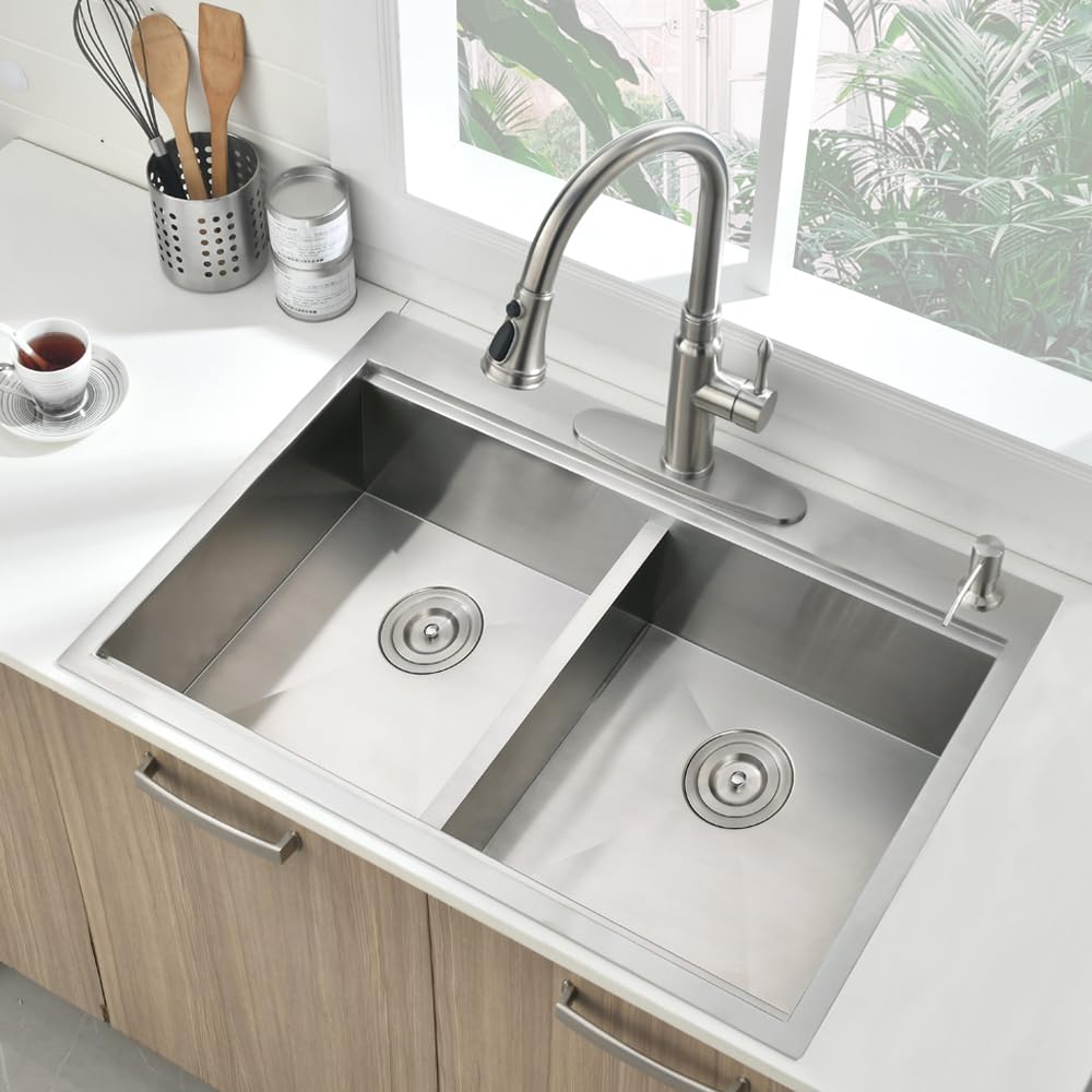 Double Bowl Drop in Kitchen Sink, BoomHoze 29 x 22 inch Topmount Drop ...