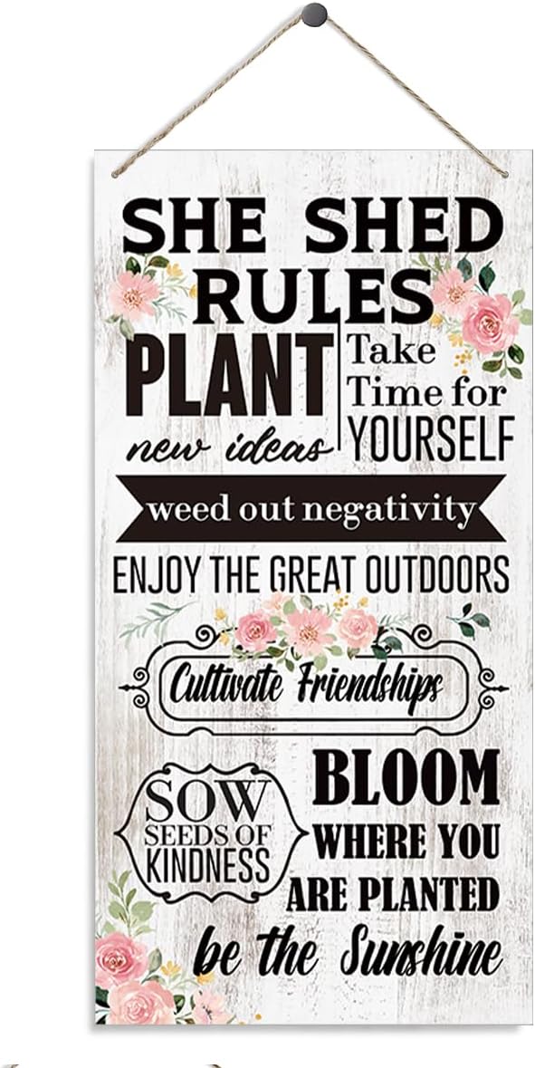 Amazon.com: Inspirational Wood Sign, She Shed Rules Plant New Ideas ...