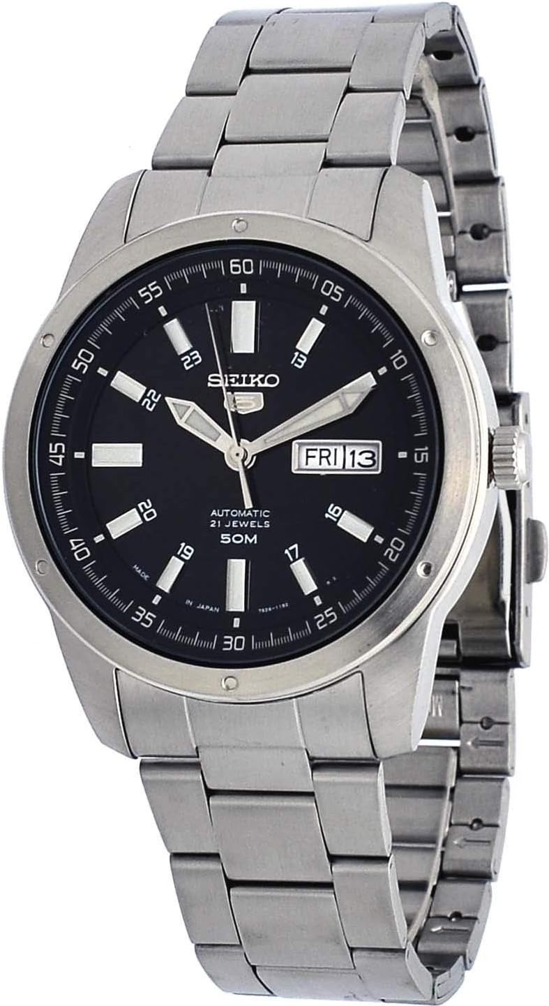 Amazon.co.jp: SEIKO 5 SNKN13J1 メンズ日本製ステンレススチールブラックダイヤル曜日日付自動腕時計, 自動巻き腕 ...