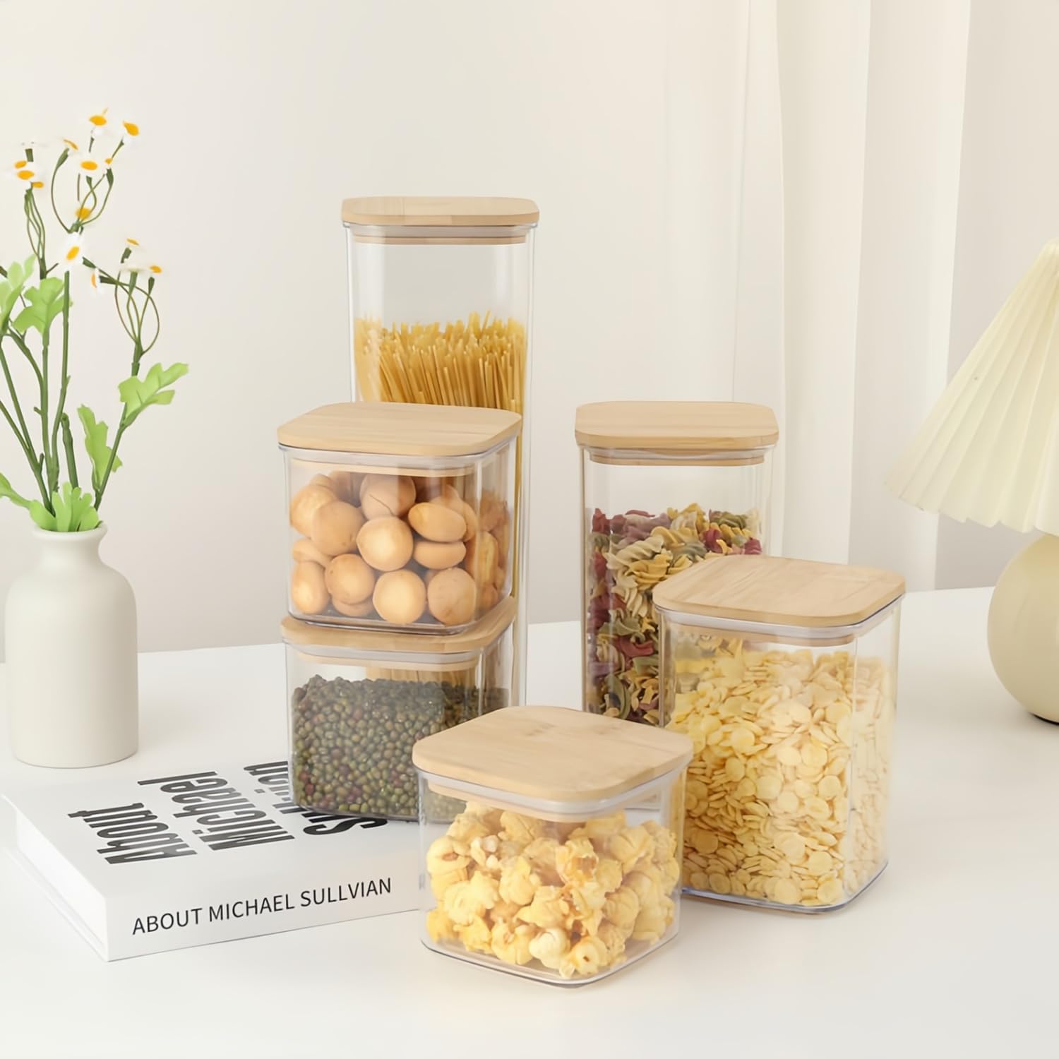 Glass Food Storage Jars with Bamboo Lids, 37oz Clear Square Airtight ...