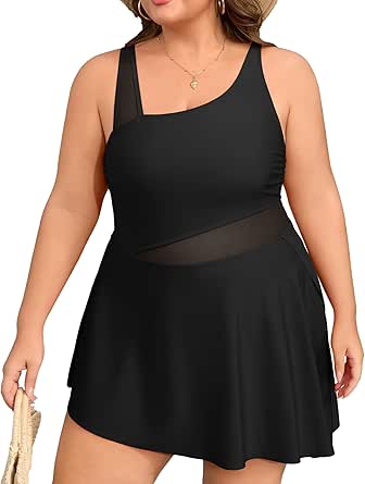 Charmo Plus Size One Piece Swimsuit Swim Dress Mesh Cutout Skirt ...