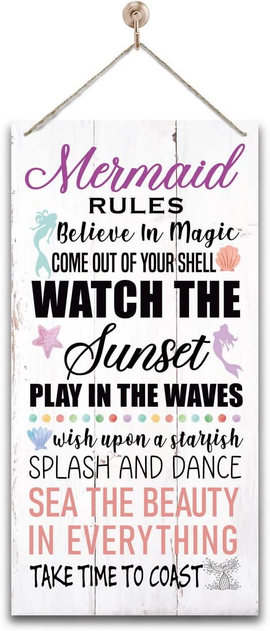 Amazon.com : Mermaid Rules Home Signs Decor, Hanging Wood Sign Home ...