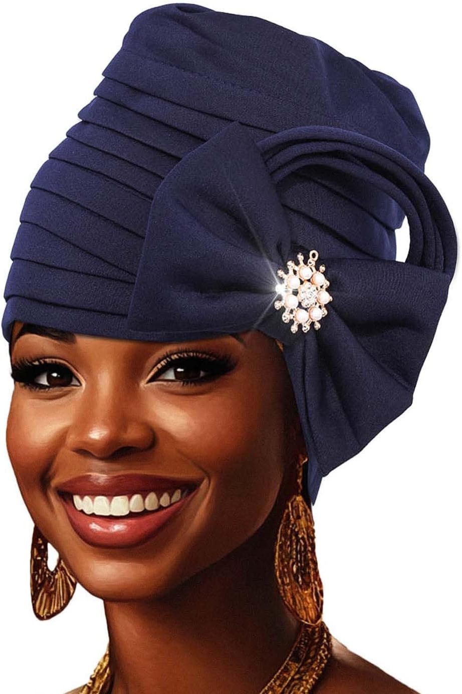 Woeoe Pre-Tied African Hats Auto Gele African Head Wraps Navy Blue Bow ...