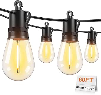 Brightever LED Outdoor String Lights, 60FT Patio Lights with 17 ...