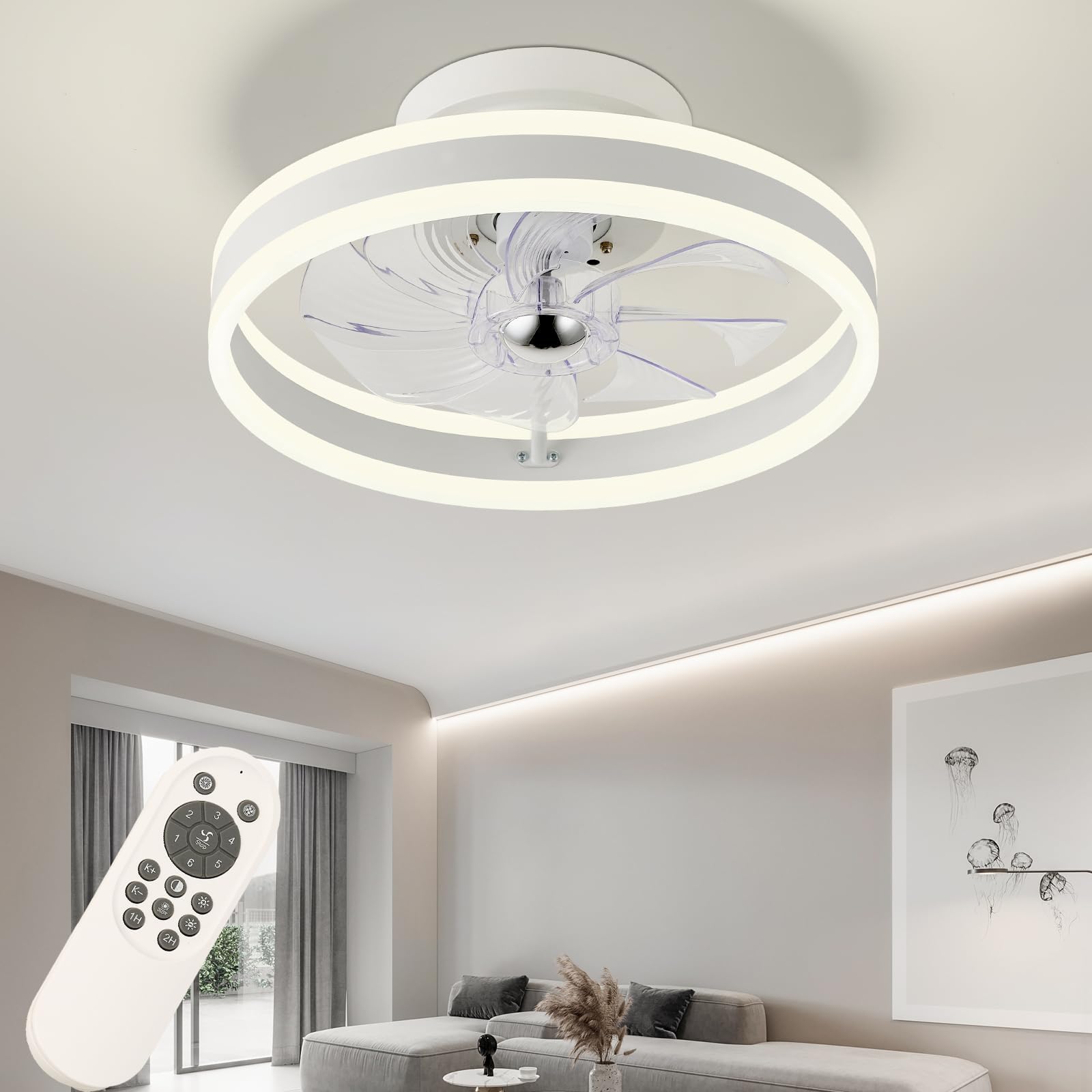 RIYNFO Modern Ceiling Fan with Light Flush Mount Ceiling Fans with ...
