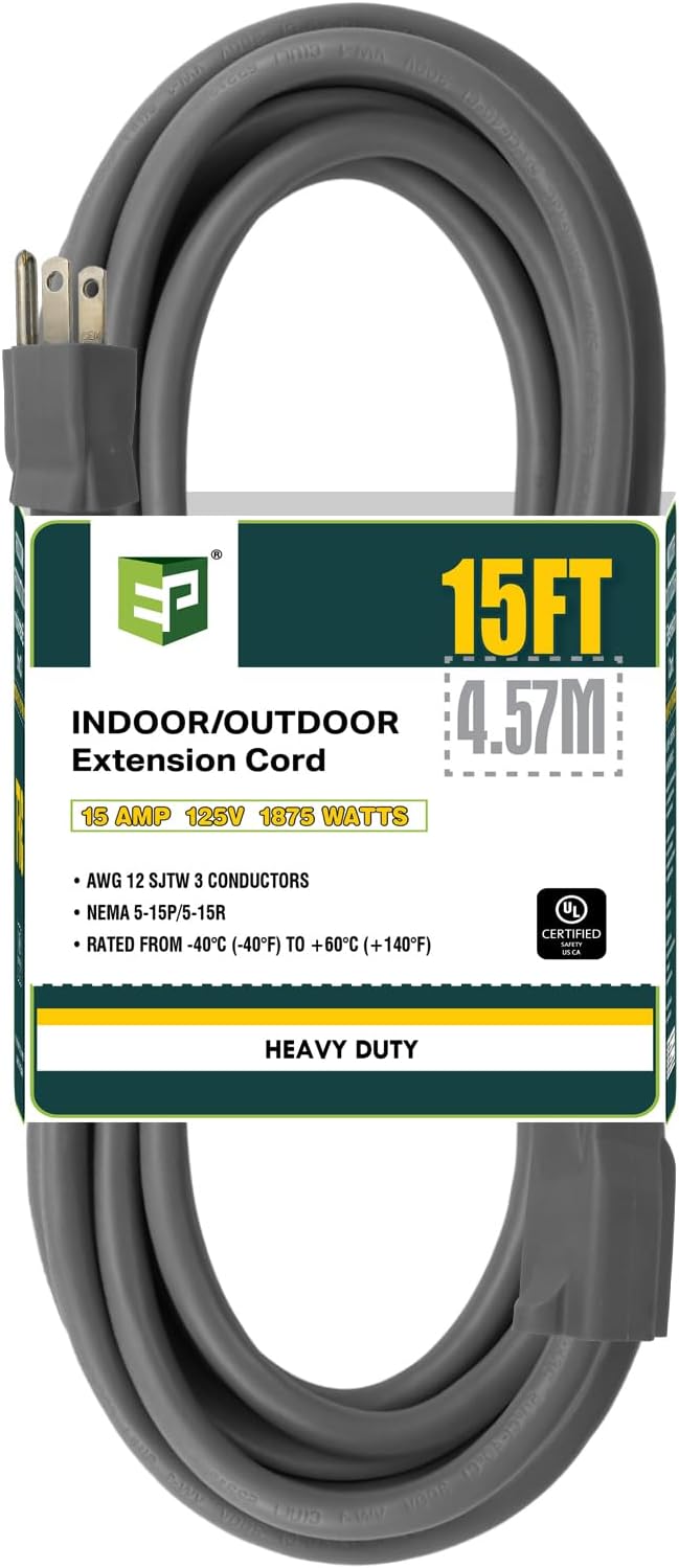 EP 15 Ft Outdoor Extension Cord, 12/3 SJTW Heavy Duty Extension Cable ...