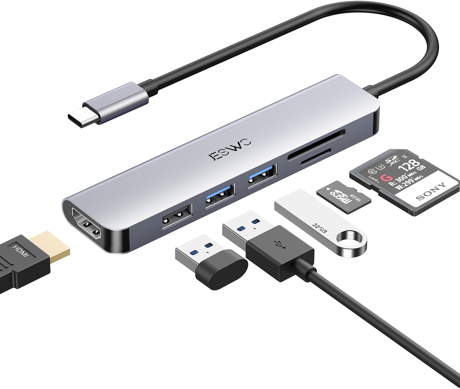 JESWO USB C Hub, 6-in-1 USB-C Dongle with 4K HDMI, USB 3.0 Ports and SD ...