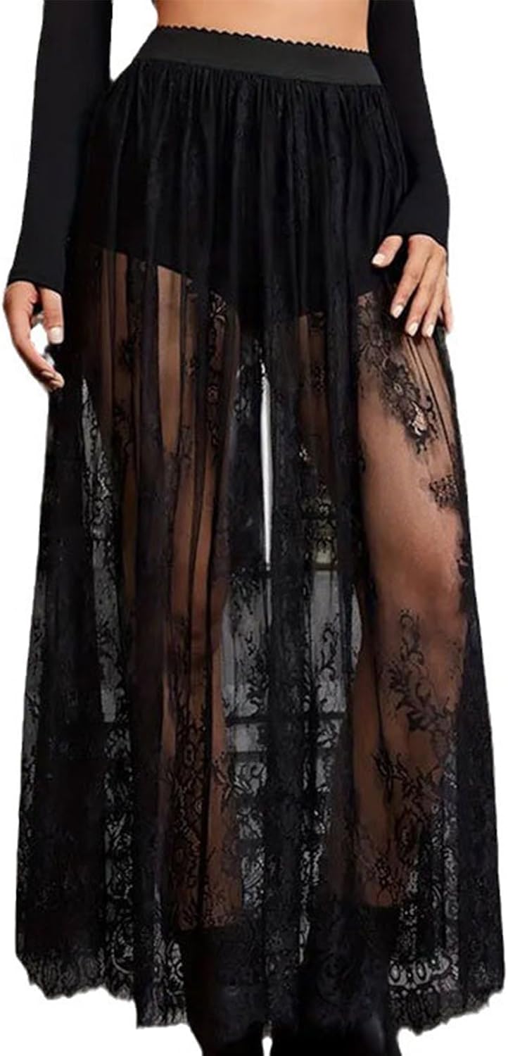 SOUTHJIELING Jupe longue 2 en 1 en dentelle transparente - Taille haute ...