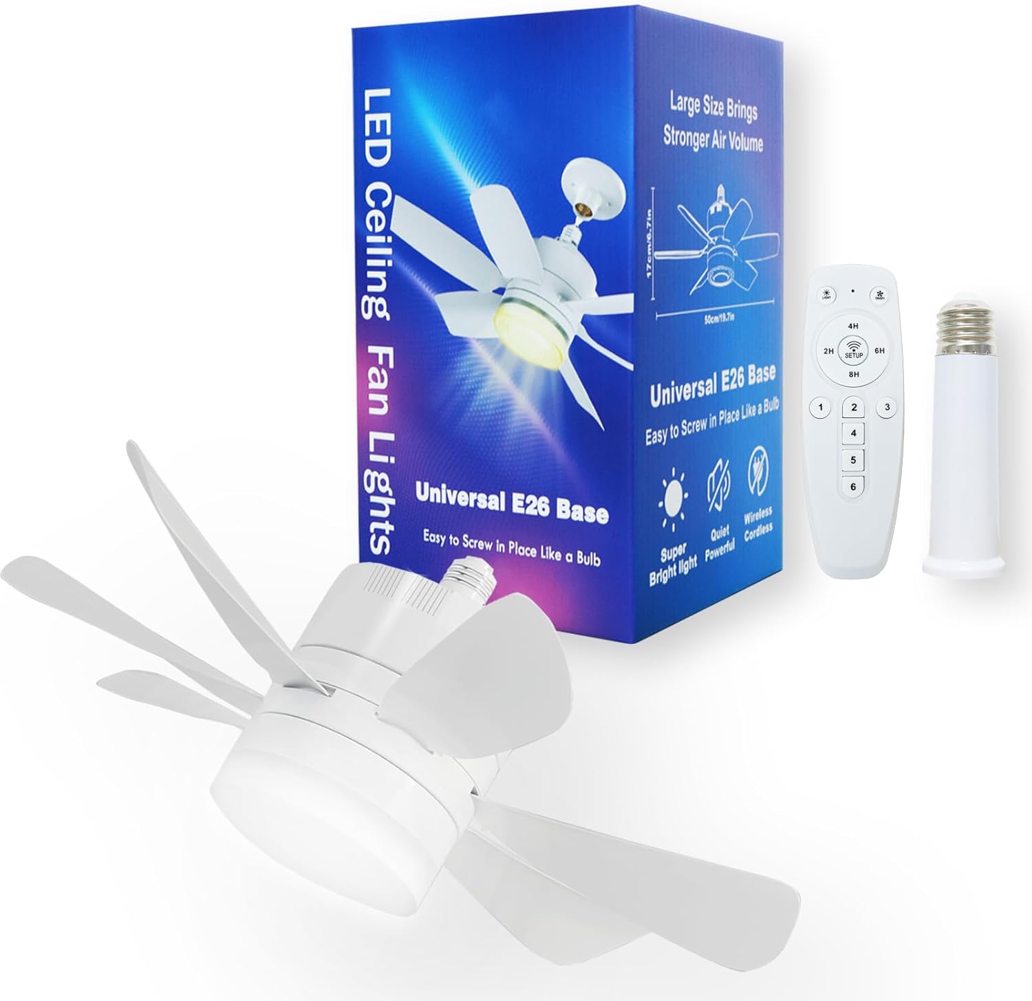 KBG 20" Socket Fan Light with Remote, Socket Ceiling Fan 3 Light Modes 6 Wind Speed, E26 Base ...