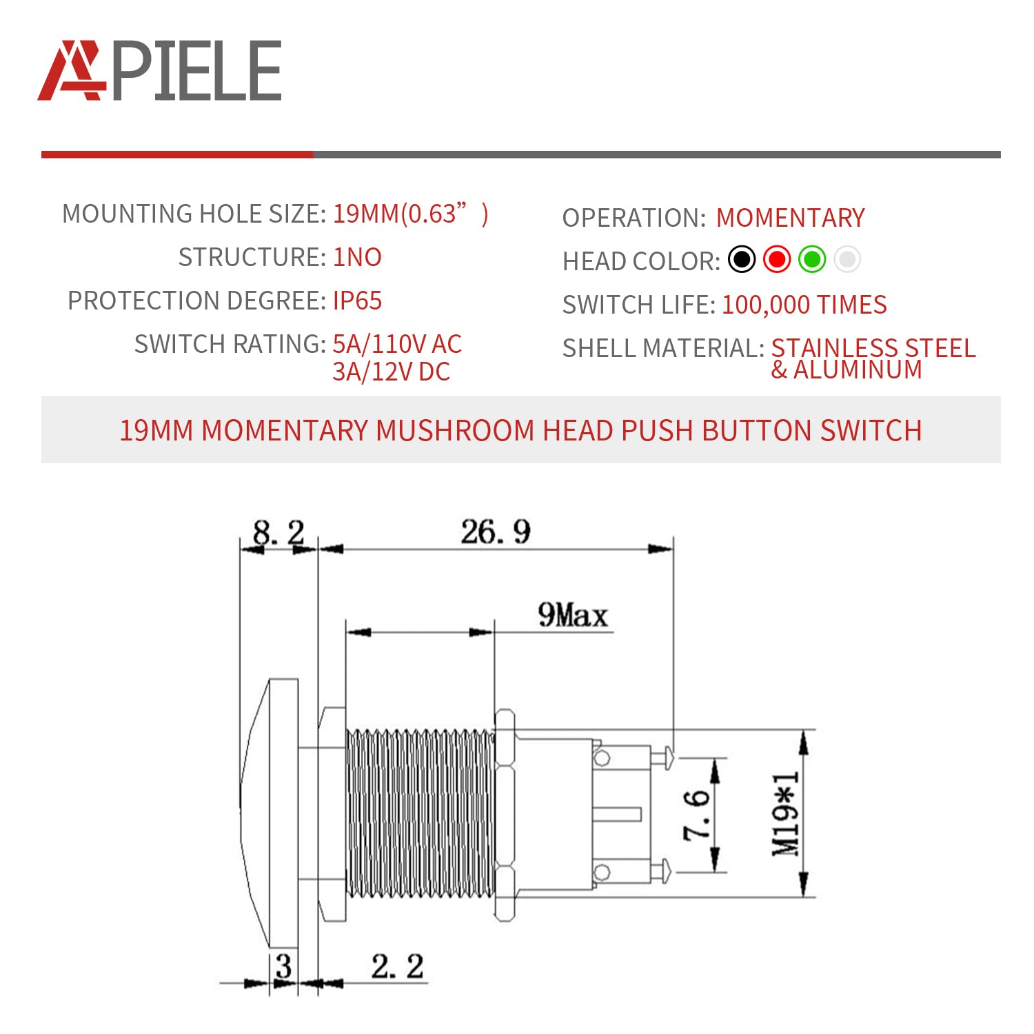 APIELE 19MM Momentary Push Button Switch Mushroom Australia | Ubuy