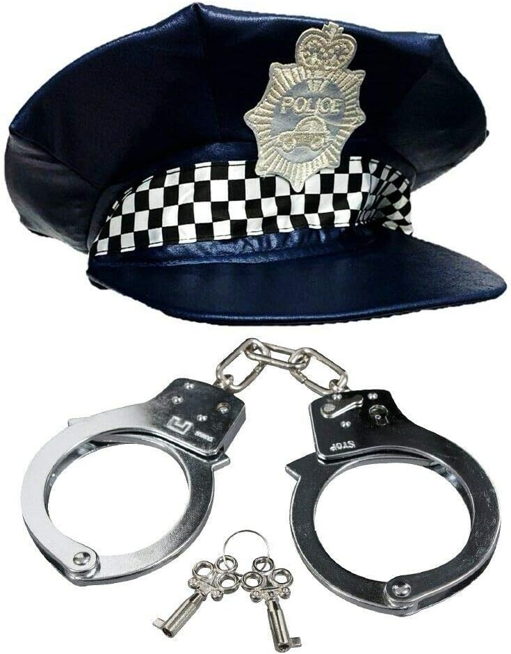 Stylex Party Dark Blue Checker Police UK Hat & Hand Cuffs Fancy Dress ...