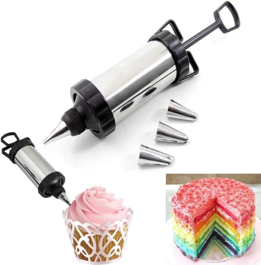 5 PIECE STAINLESS STEEL ICING SYRINGE CUP CAKE PIPING DECORATING ...