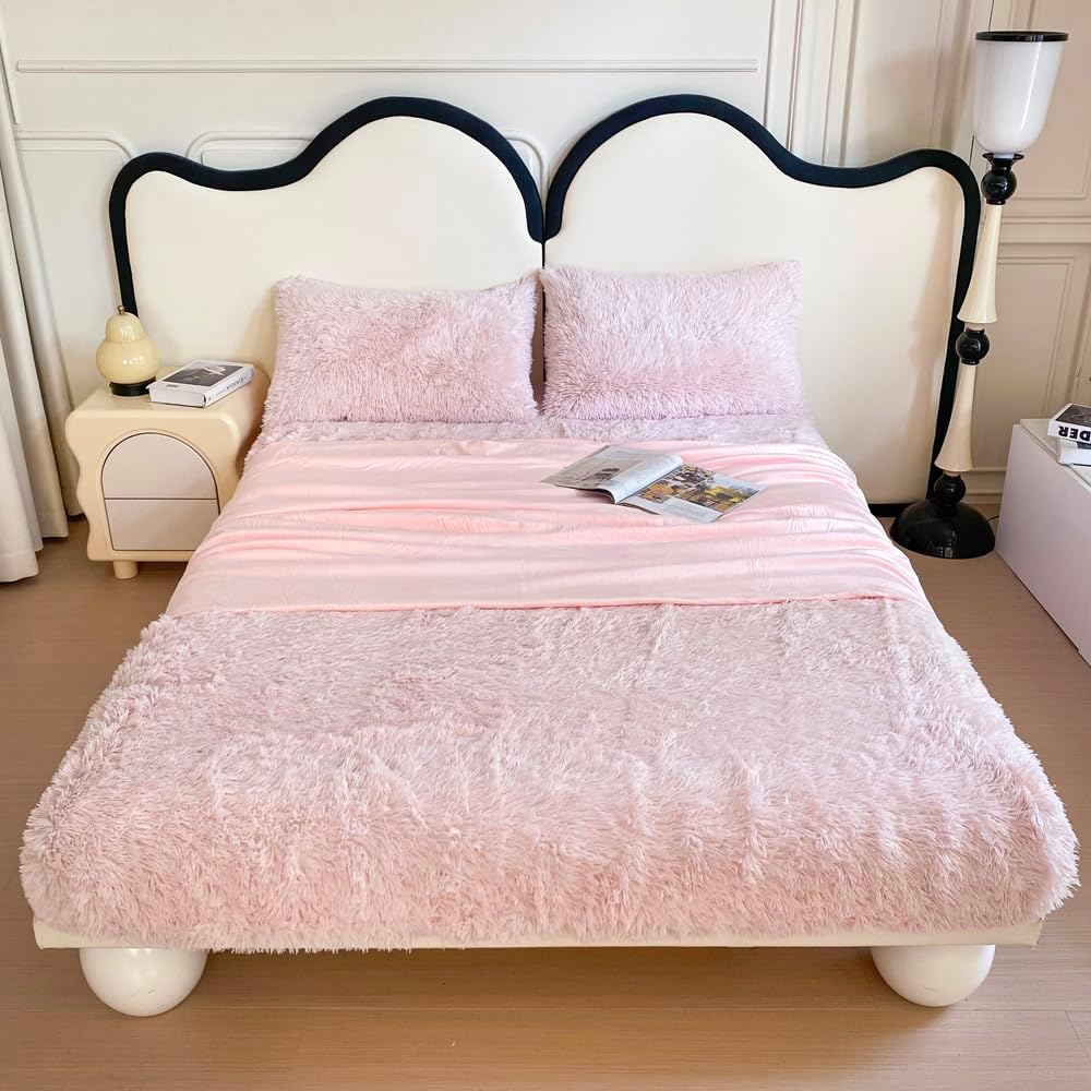 Amazon.com: Chovy 4PC Faux Fur King Light Pink Sheet Set with Deep ...
