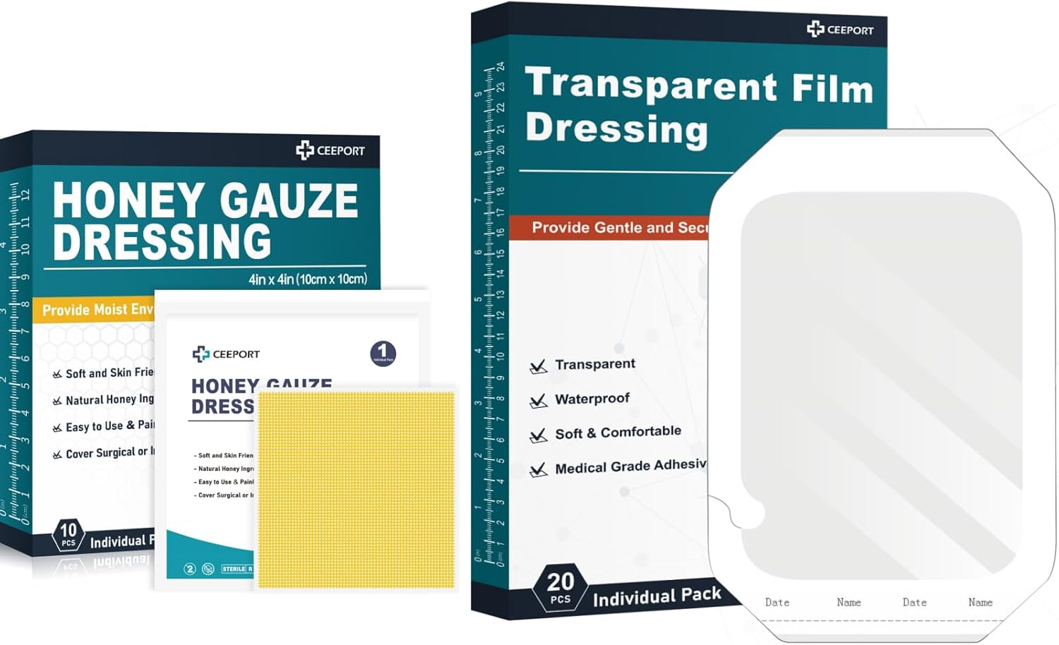 Amazon.com: Ceeport Manuka Honey Gauze Dressing(4" x 4" 10pcs)+Transparent Film Dressing (6" x 8 ...