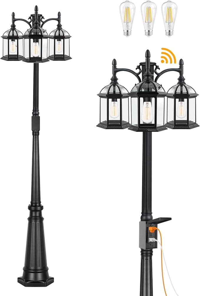 Dusk to Dawn Outdoor Lamp Post Light with GFCI Outlet, Triple Head ...