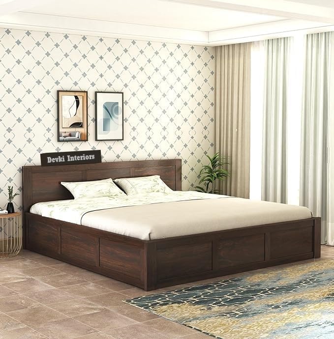 DEVKI INTERIORS Sheesham Wood Rich Queen Size Bed with Hydraulic Storage for Bedroom - Walnut ...