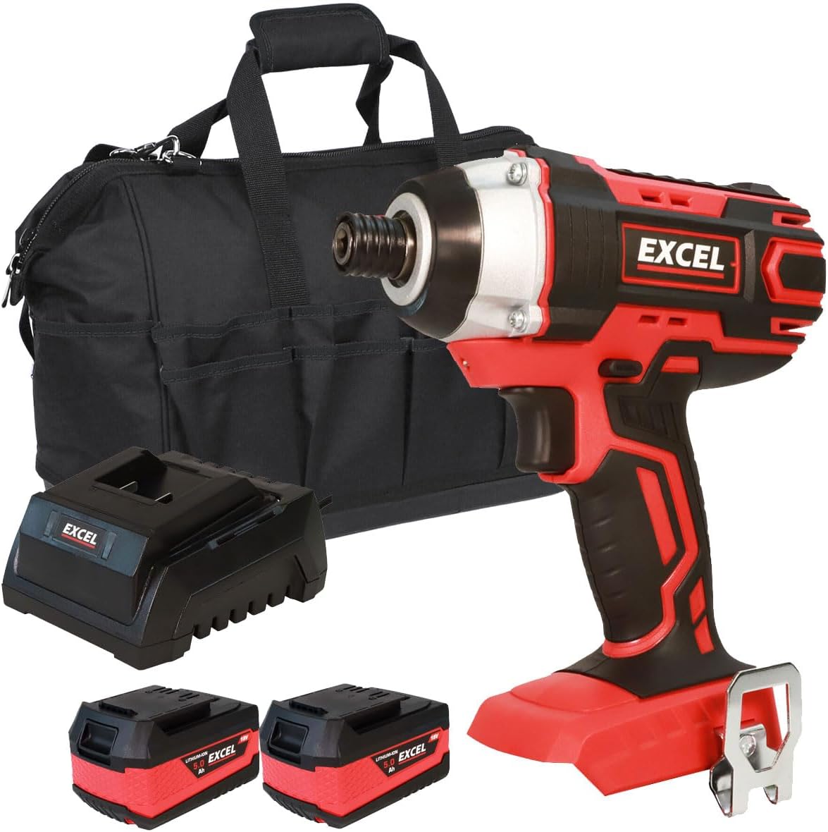 Excel 18V Cordless Impact Driver with 2 x 5.0Ah Batteries Charger & Bag ...
