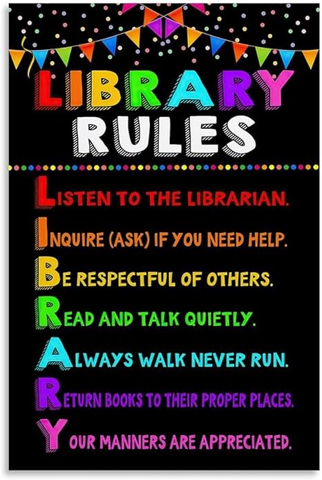 Amazon.com: Library Rules Poster Kids Rules Posters Classroom Wall Art ...