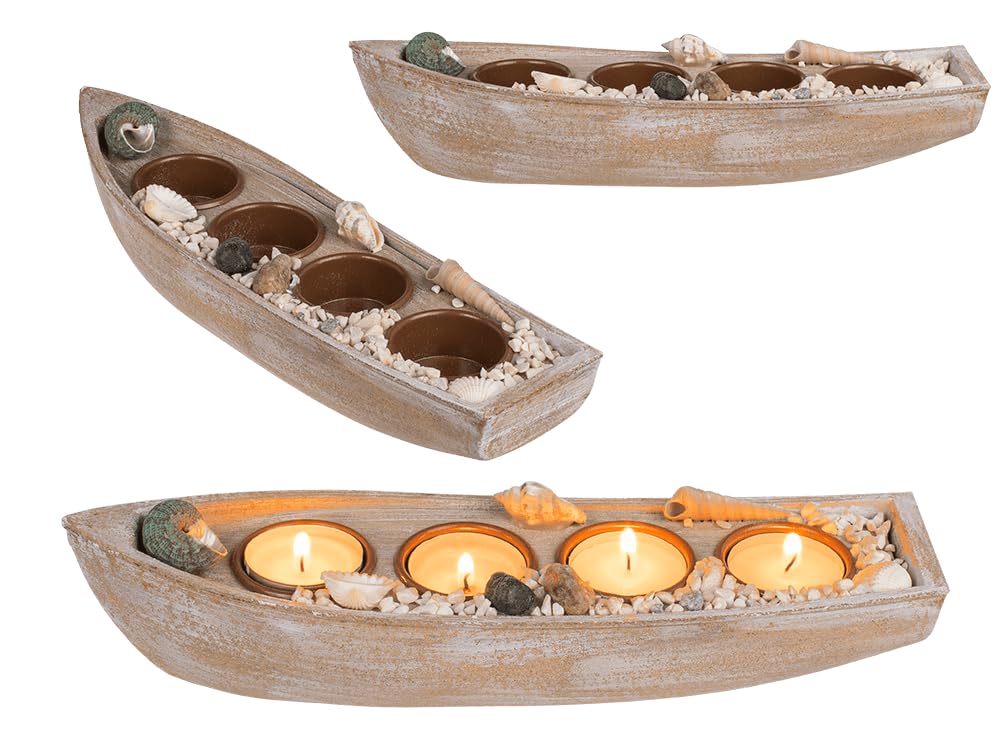 Amazon.de: Holz-Boot für 4 Teelichte, mit Muscheldeko & Steinen, ca. 28 ...