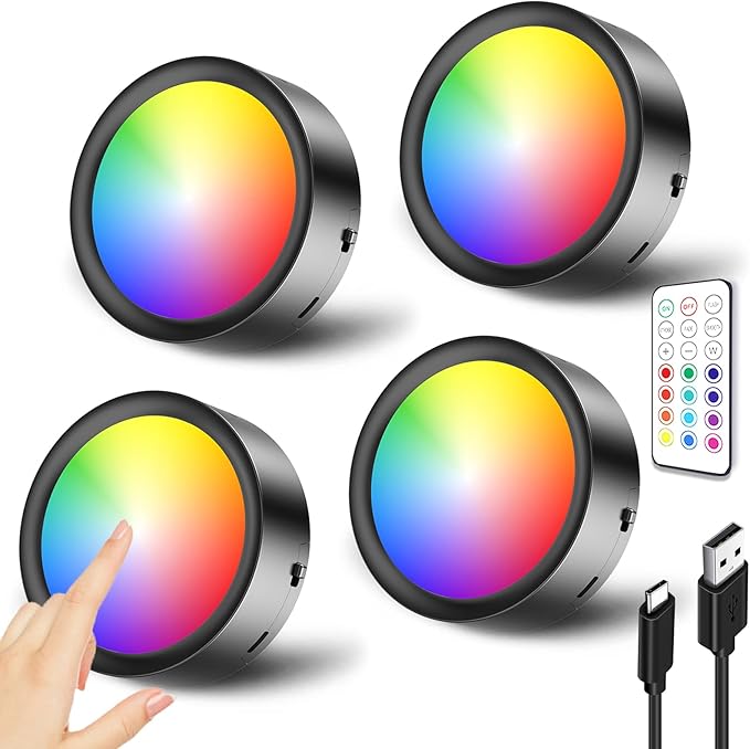 Spot LED RGB Sans Fil Rechargeable USB, Noir Lampe de Placard Couleur Lampe Vitrine USB avec ...