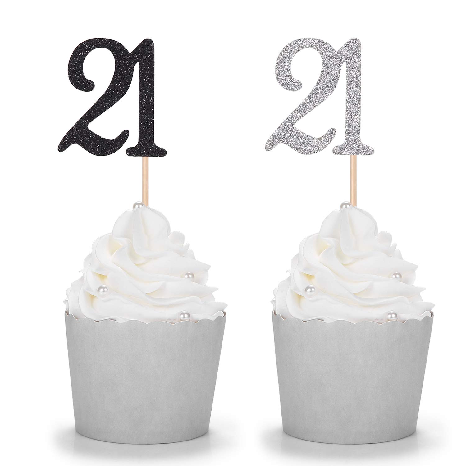 24 Counts Black and Silver Glitter Number 21 Cupcake Toppers for 21th ...