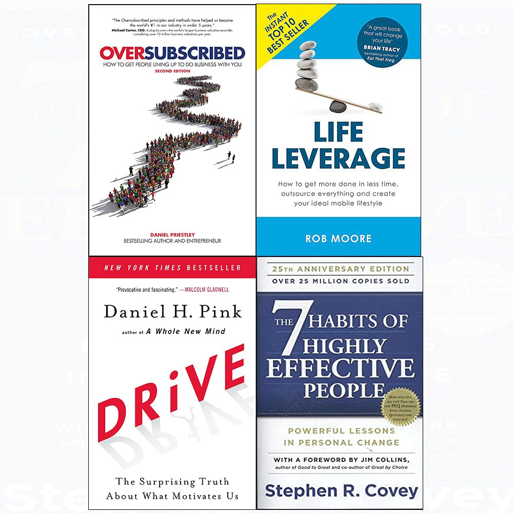 7 Habits of highly effective people, oversubscribed, drive, life leverage 4 books collection set ...