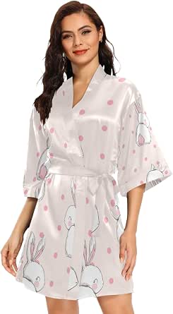 OTVEE Satin Robe, Cute Bunny Pattern Pink Rabbit Women Silky Kimono ...