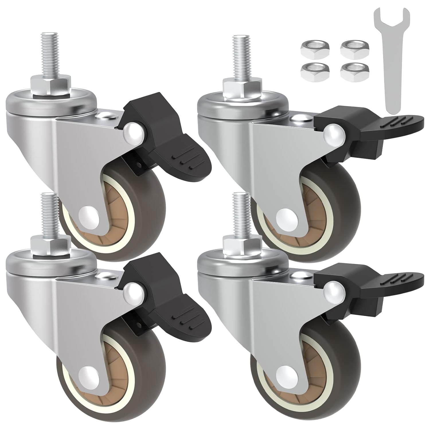 OK5STAR 1.5" Mini Caster Wheels with Brakes, 1/4"-20x1 Threaded Stem ...