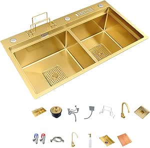 Amazon.com: Golden Stainless Steel Kitchen Sink Double Bowl Large Size ...