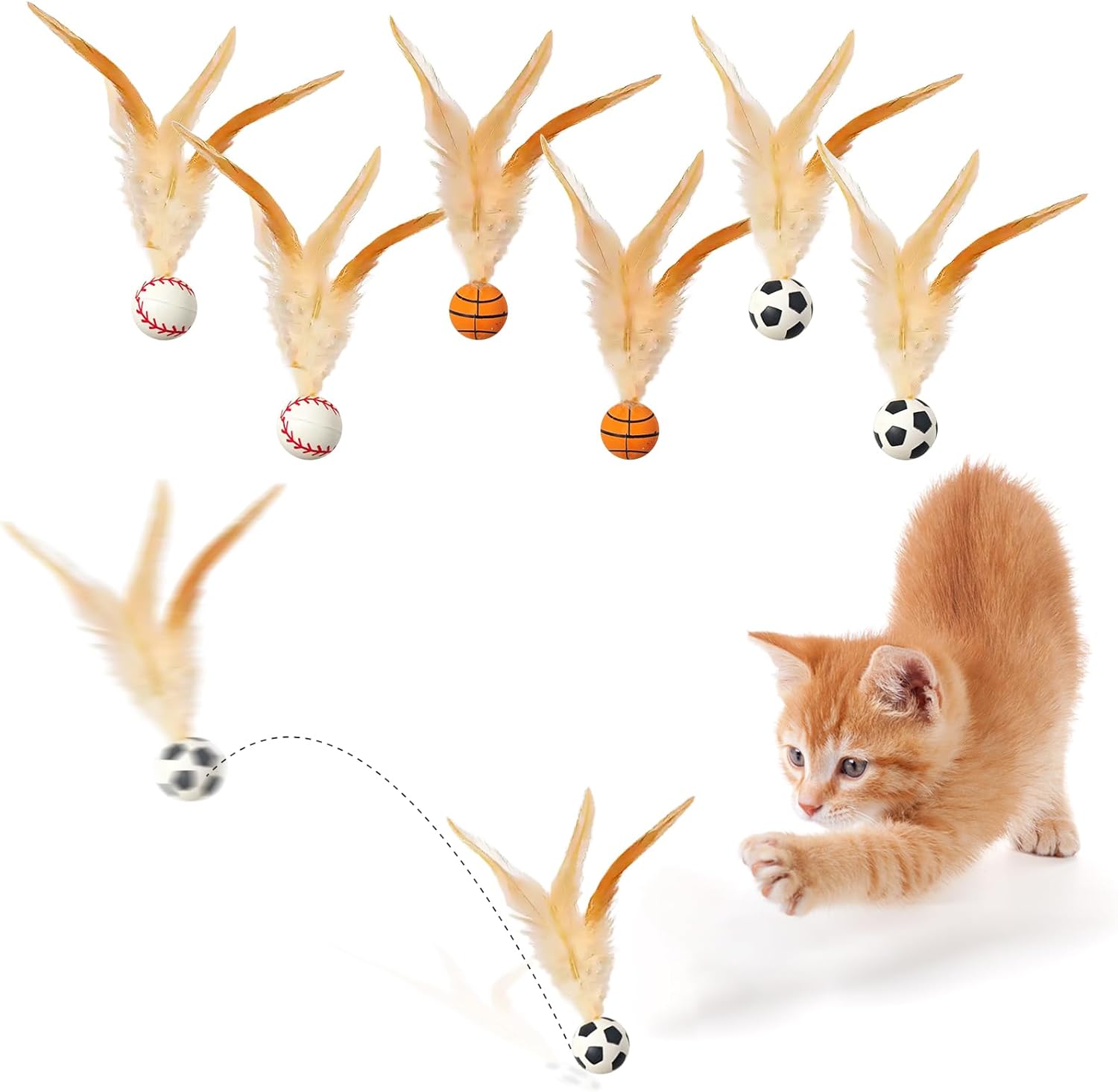 Cat Bouncy Ball Toy, 6PCS with Feather Cat Toys, for Indoor Cats ...