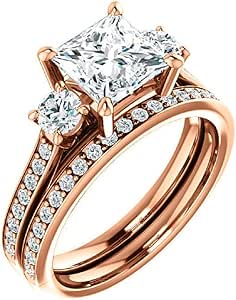 Amazon.com: Solitaire Moissanite Engagement Ring Set 2 CT Princess Cut Bridal Wedding Ring Set ...