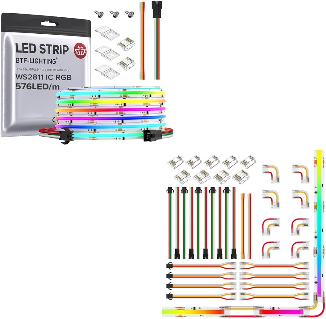 BTF-LIGHTING FCOB WS2811 IC RGB COB LED Strip Color Chasing DC24V ...