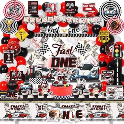 Amazon.com: KOTLMIGHT Fast One Birthday Decorations for Boys, 1st Race ...