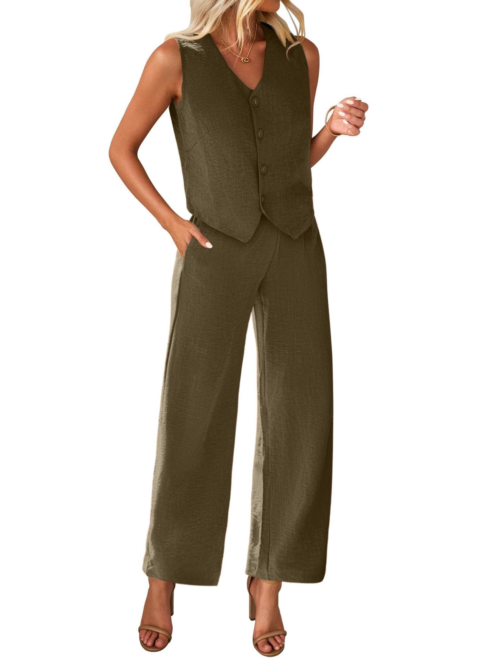 Amazon.com: KIRUNDO Womens Two Piece Outfits Summer Fashion Button V Neck Crop Vest Blazer and ...