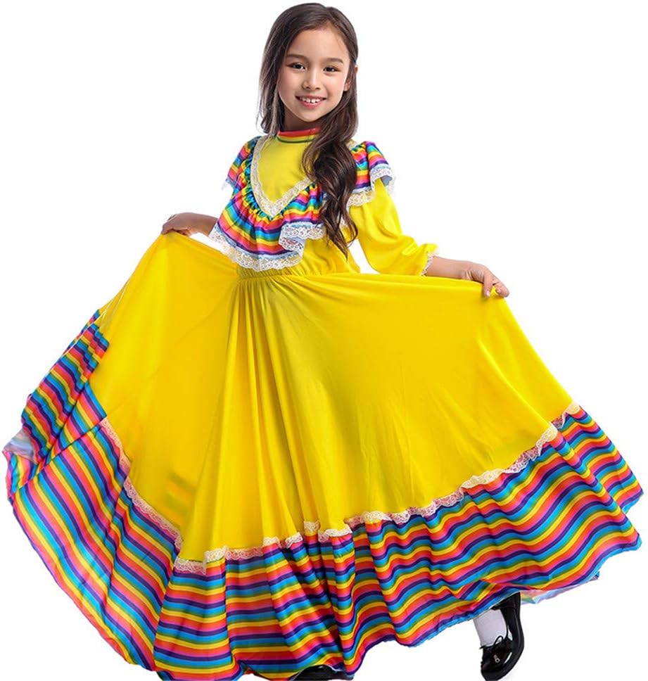 Mexican Girl Senorita Child Costume Yellow Traditional Jalisco Dresses ...