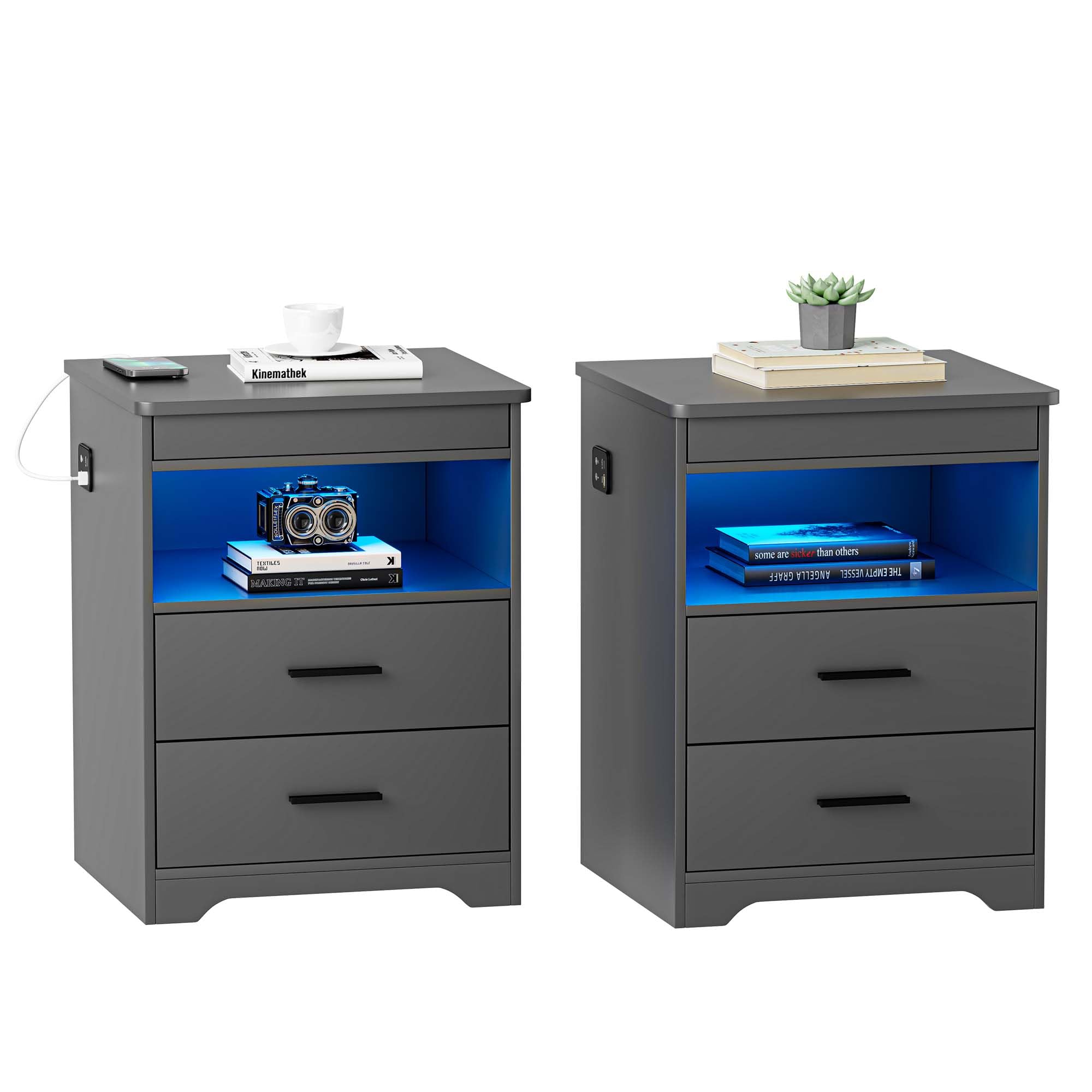 Amazon.com: Gurexl LED Nightstand with Gun Drawer Set of 2, Modern ...