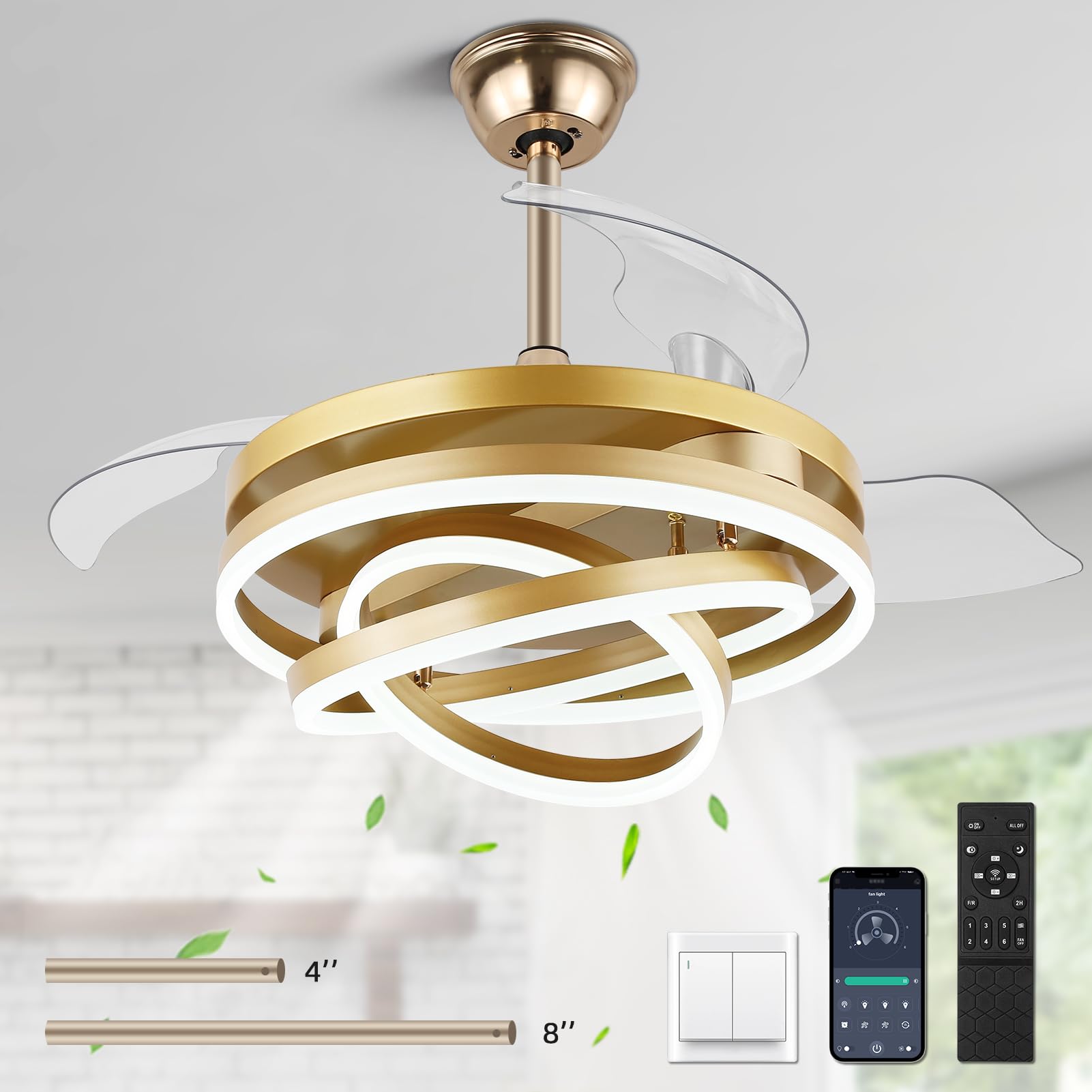 RIENAZA 42 Inch Retractable Ceiling Fan with Lights, Fandelier Gold ...